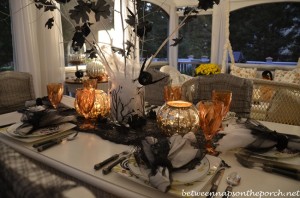 Halloween Table Setting Tablescape with Raven Crow Centerpiece