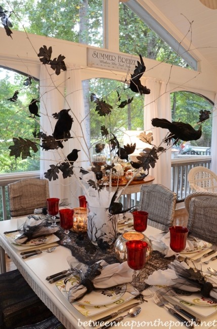 Halloween Table Setting Tablescape with Raven Crow Centerpiece