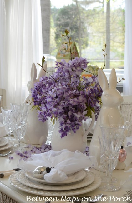 Spring and Summer Table Setting Tablescape with a Purple Iris Centerpiece