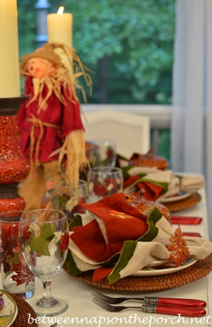 Fall Table Setting with Beautiful Leaf Covered Dishware and Acorn Soup ...