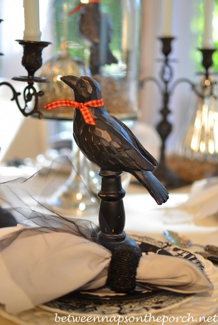 Halloween Table Setting Tablescape with Mercury Glass Pumpkins and Crow ...