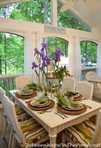 Spring Table Setting with Iris Centerpiece, Twig Chargers and Twig Flatware