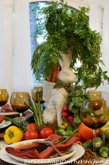 A Spring Table Setting with a bunny-tulip centerpiece